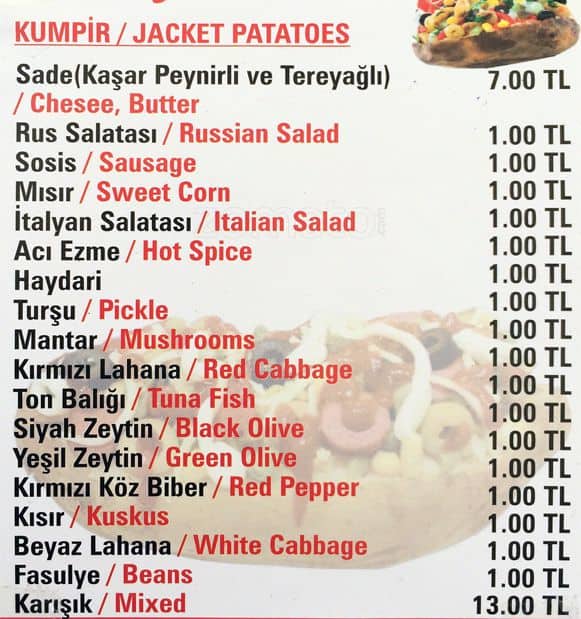 Menu at Nese Pansiyon Kumpir, Bodrum