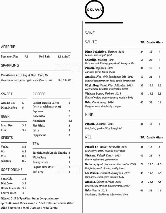 Menu at Oklava restaurant, London