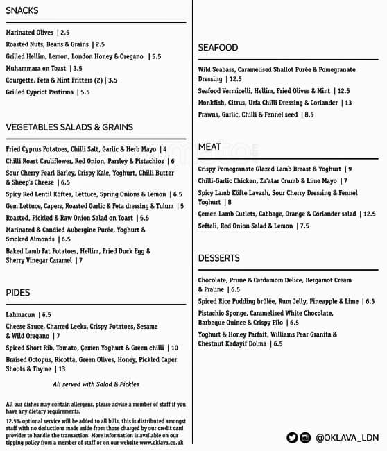 Menu at Oklava restaurant, London