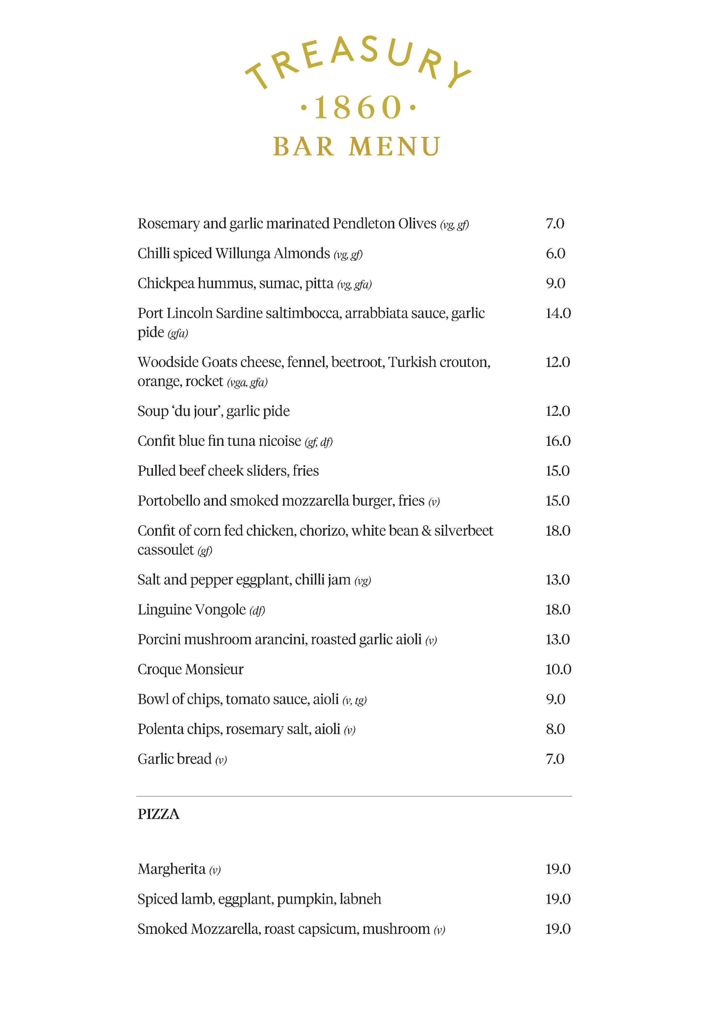 Menu at Treasury 1860 pub & bar, Adelaide