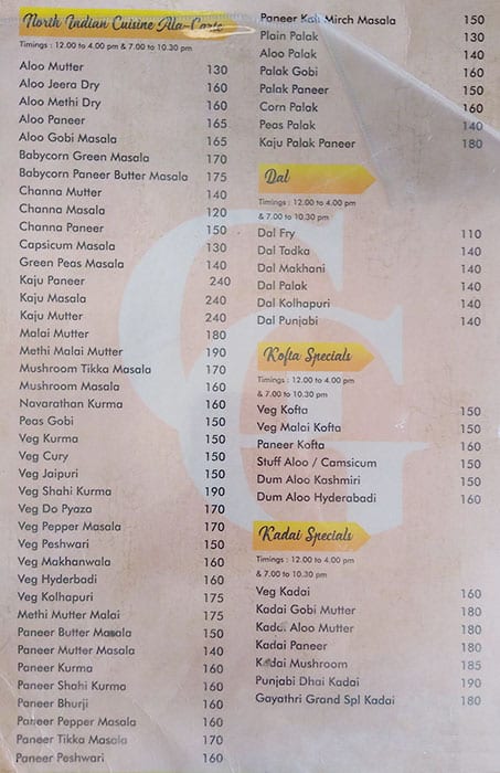 Menu at Gayathri Grand (Pure-veg), Bengaluru