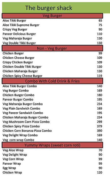 Menu of The Burger Shack, BTM, Bangalore