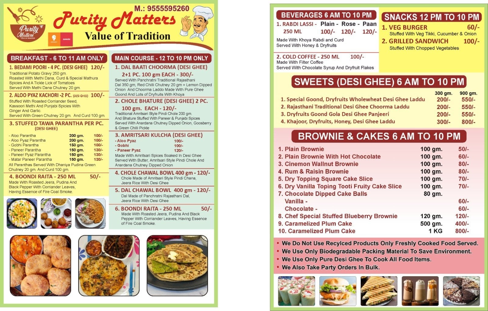 Menu of Purity Matters, Govind Puram, Ghaziabad