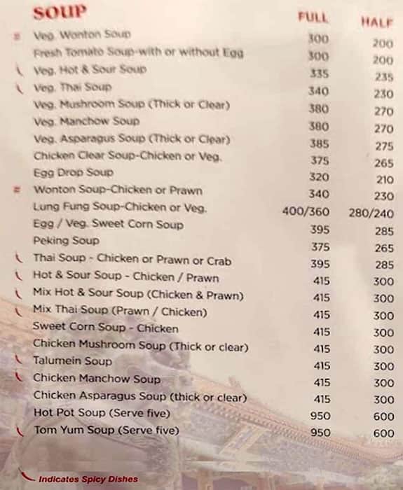 Menu of Beijing, Tangra, Kolkata