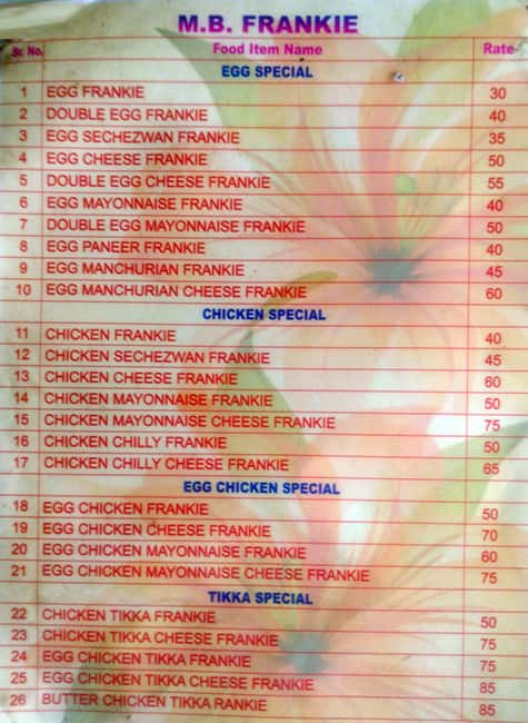 Menu at MB Frankie, Thane, Cidco Bus Stop