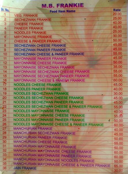 Menu at MB Frankie, Thane, Cidco Bus Stop
