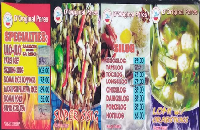 D' Original Pares Pares Menu, Menu for D' Original Pares Pares, Tomas ...