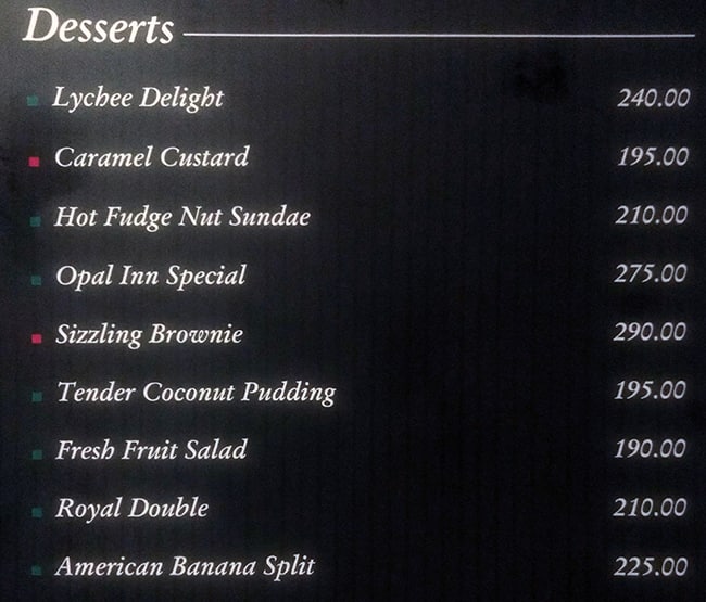 Menu at Opal Inn, Chennai