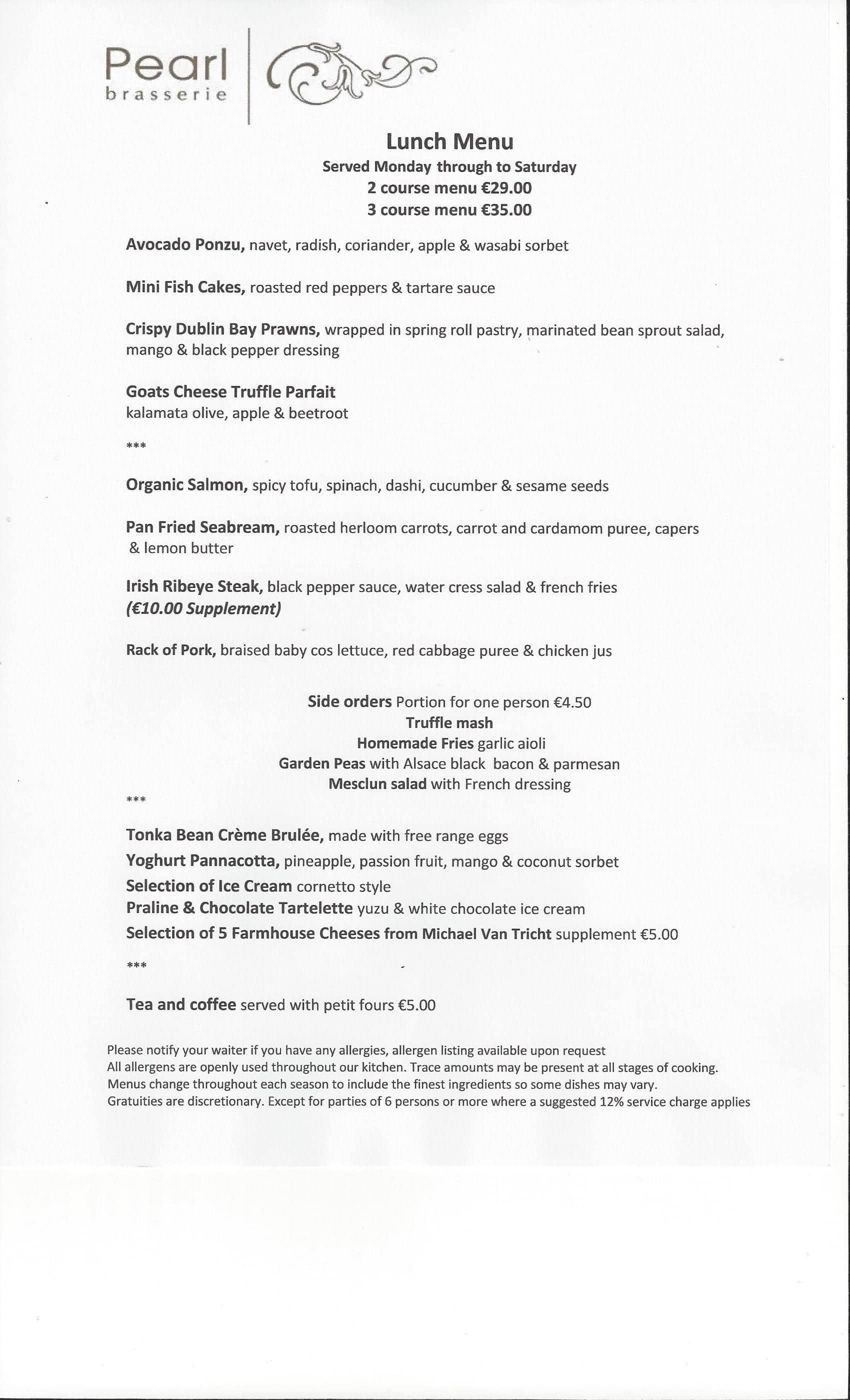 Menu at Pearl Brasserie restaurant, Dublin