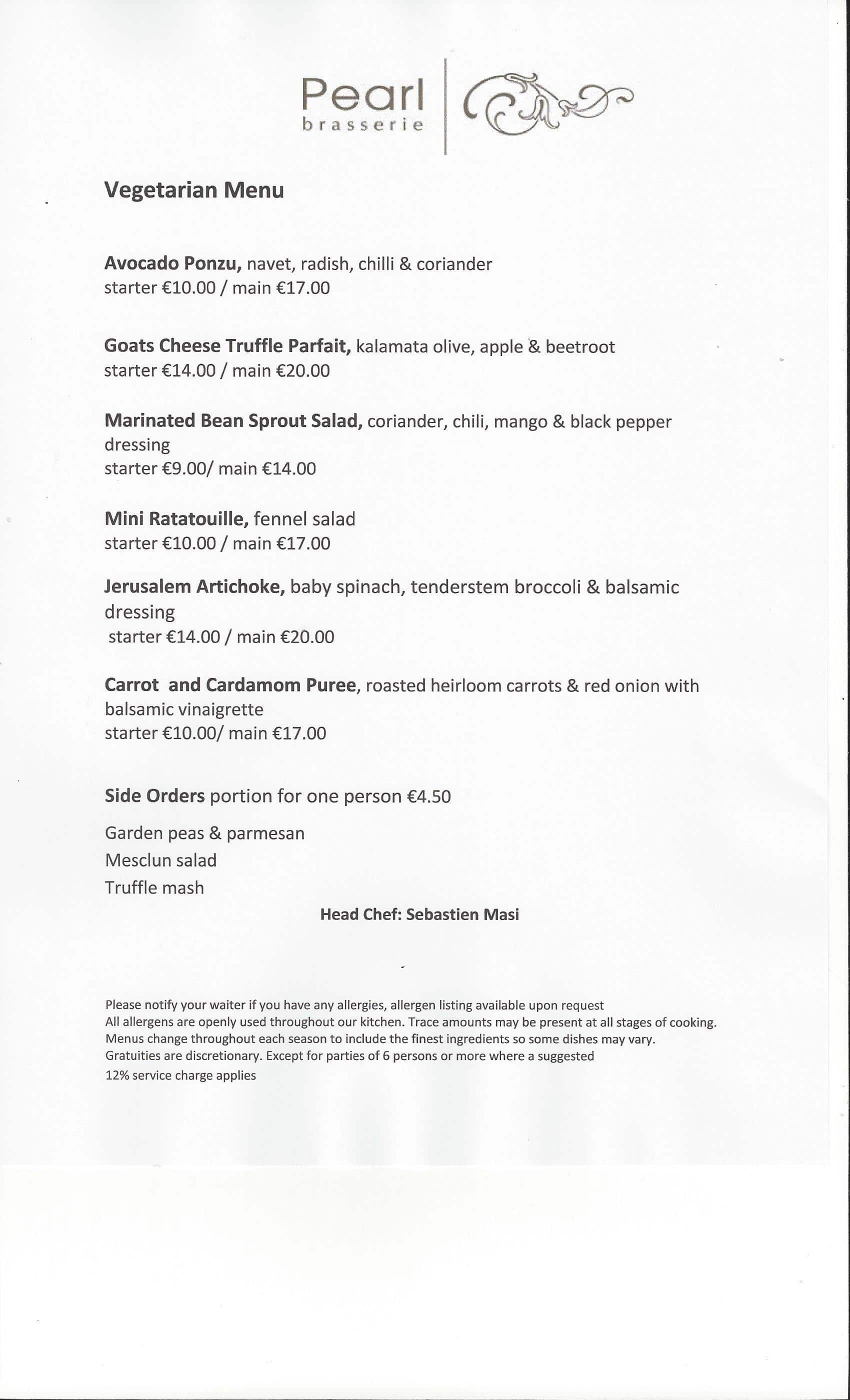 Menu at Pearl Brasserie restaurant, Dublin