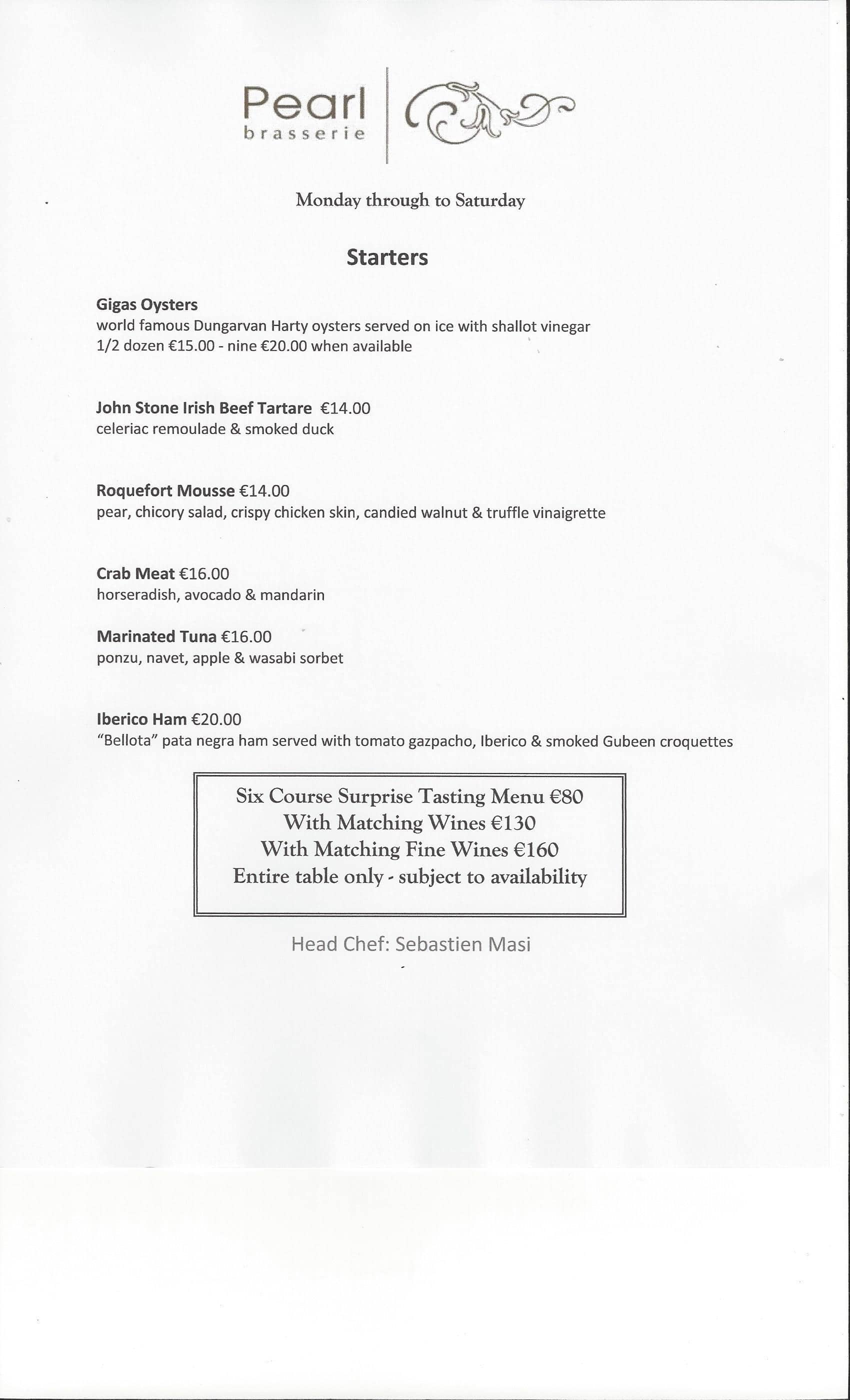 Menu at Pearl Brasserie restaurant, Dublin