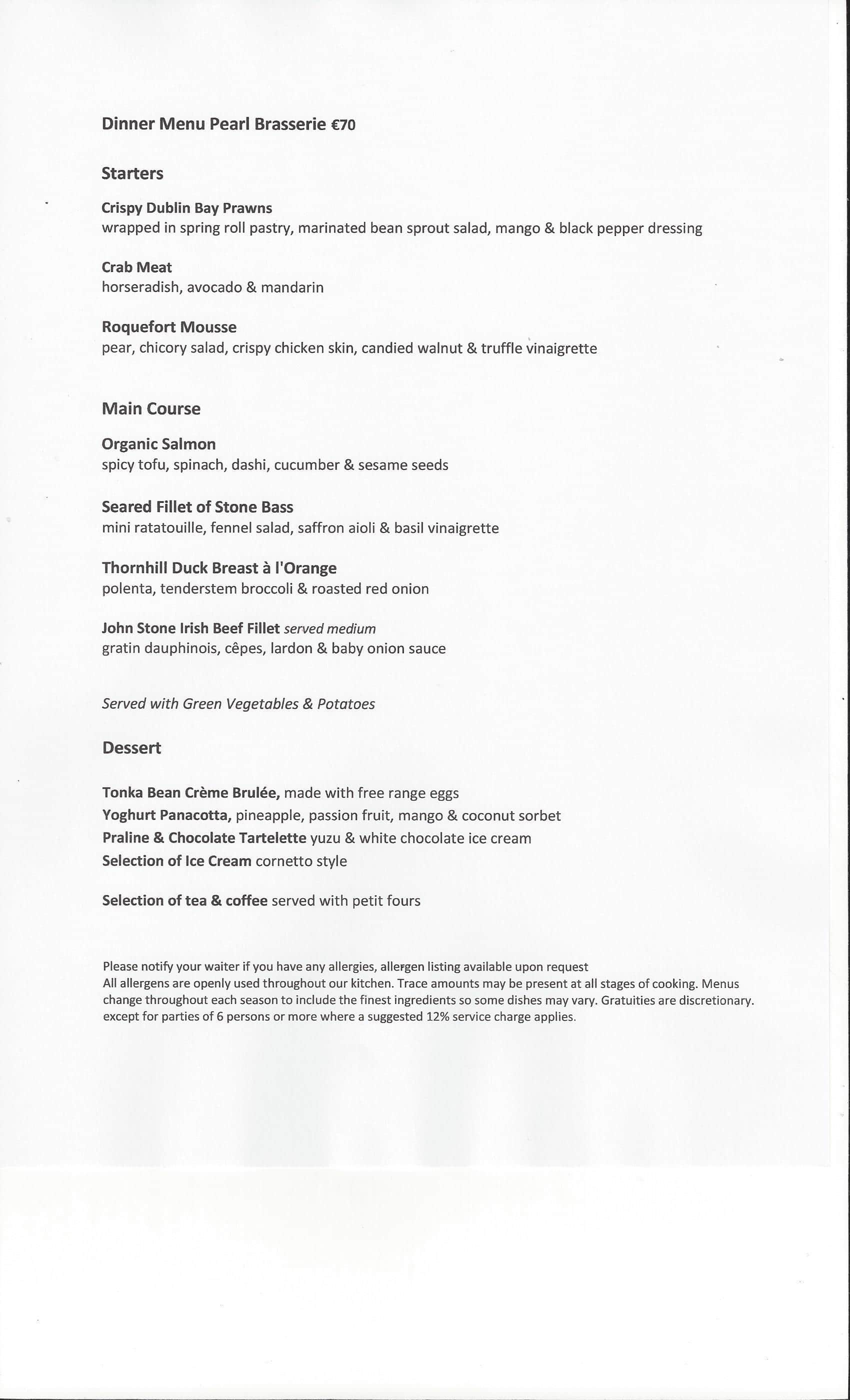 Menu at Pearl Brasserie restaurant, Dublin