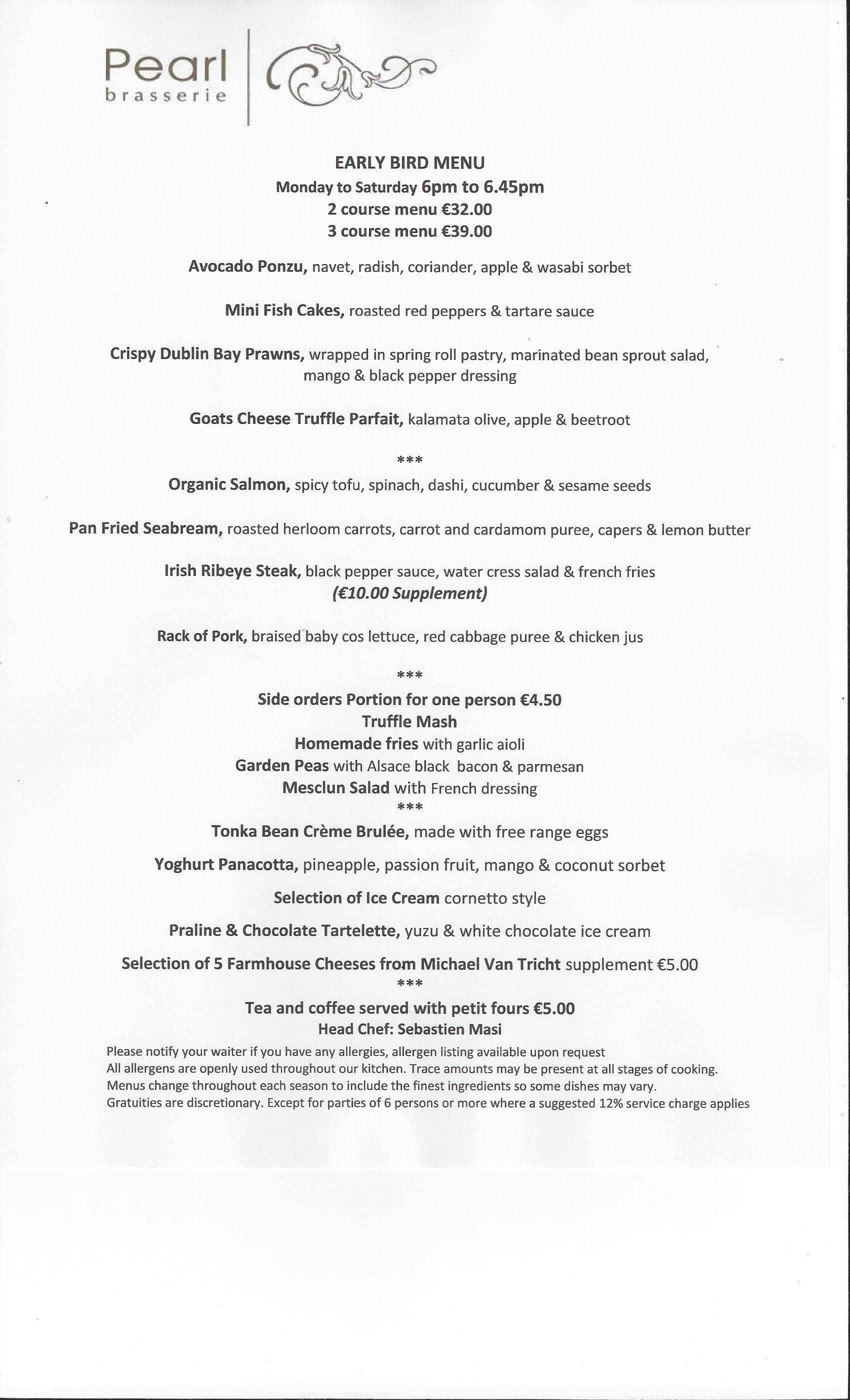 Menu at Pearl Brasserie restaurant, Dublin