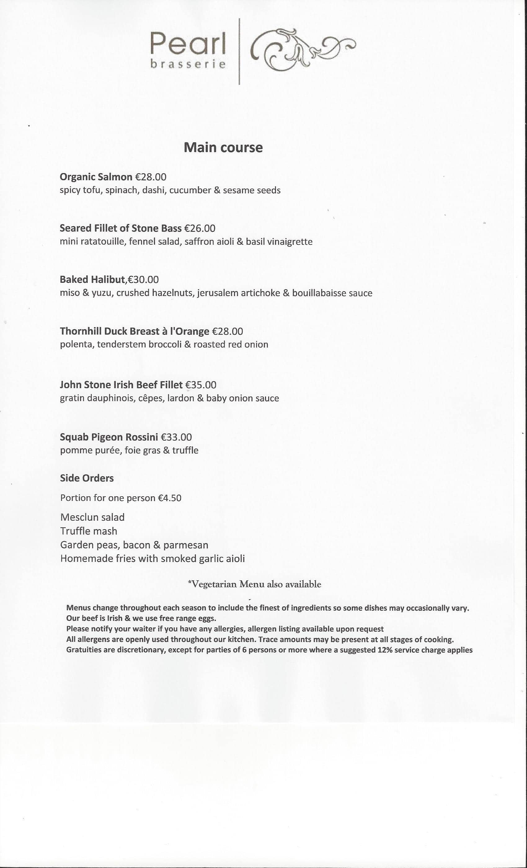 Menu at Pearl Brasserie restaurant, Dublin