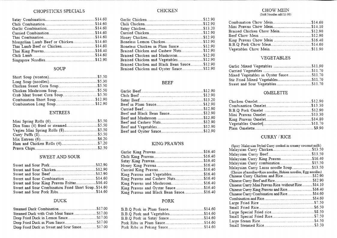 Menu at Chopsticks Chinese fast food, Coffs Harbour