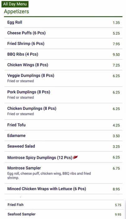 Menu at Montrose Chinese Restaurant, Houston, Montrose Blvd #1287