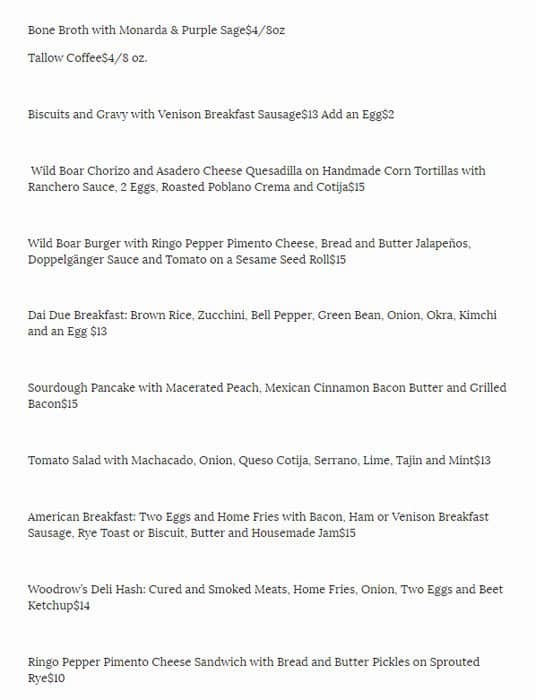 Menu at Dai Due restaurant, Austin, Manor Rd