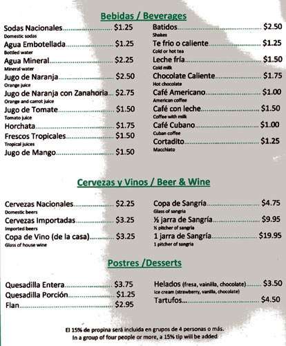 Menu at Cafe Vinales, Miami