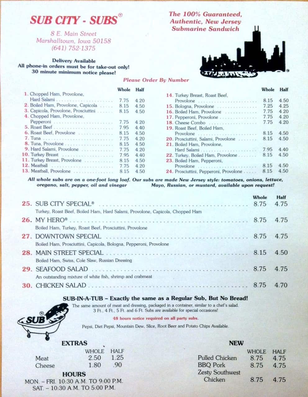 Menu at Sub City restaurant, Marshalltown