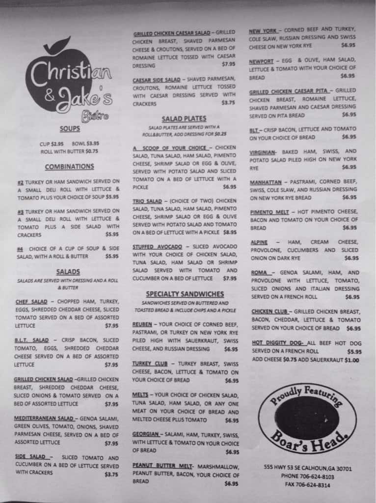 Menu at Christian & Jakes Bistro cafe, Calhoun