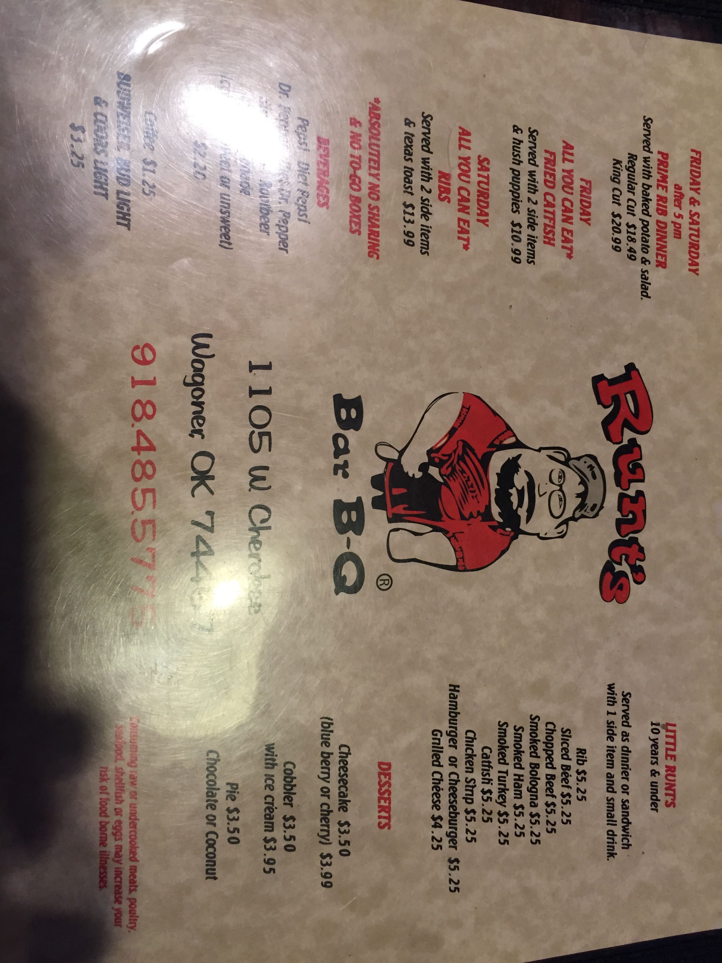 Carta de Runt's BBQ Inc, Wagoner