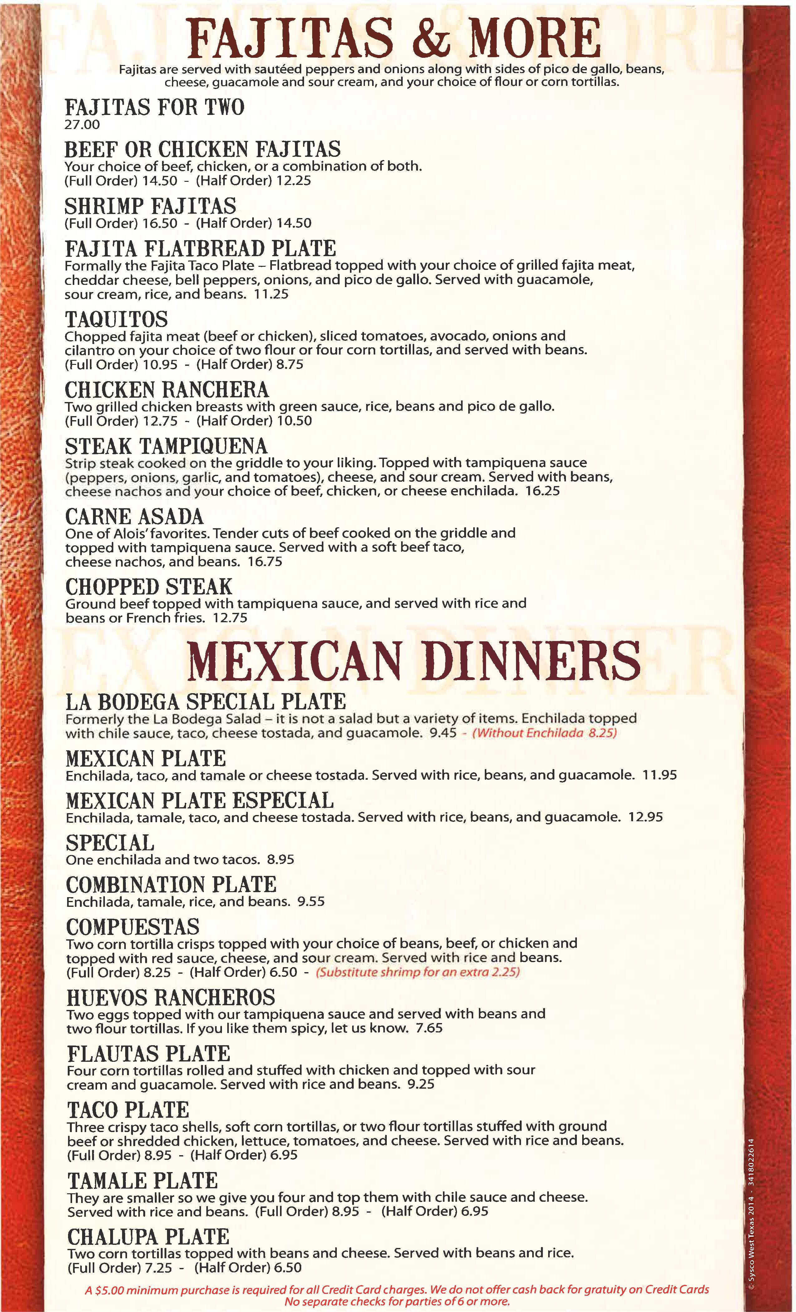 Menu at La Bodega Mexican Restaurant, Midland, N Big Spring St