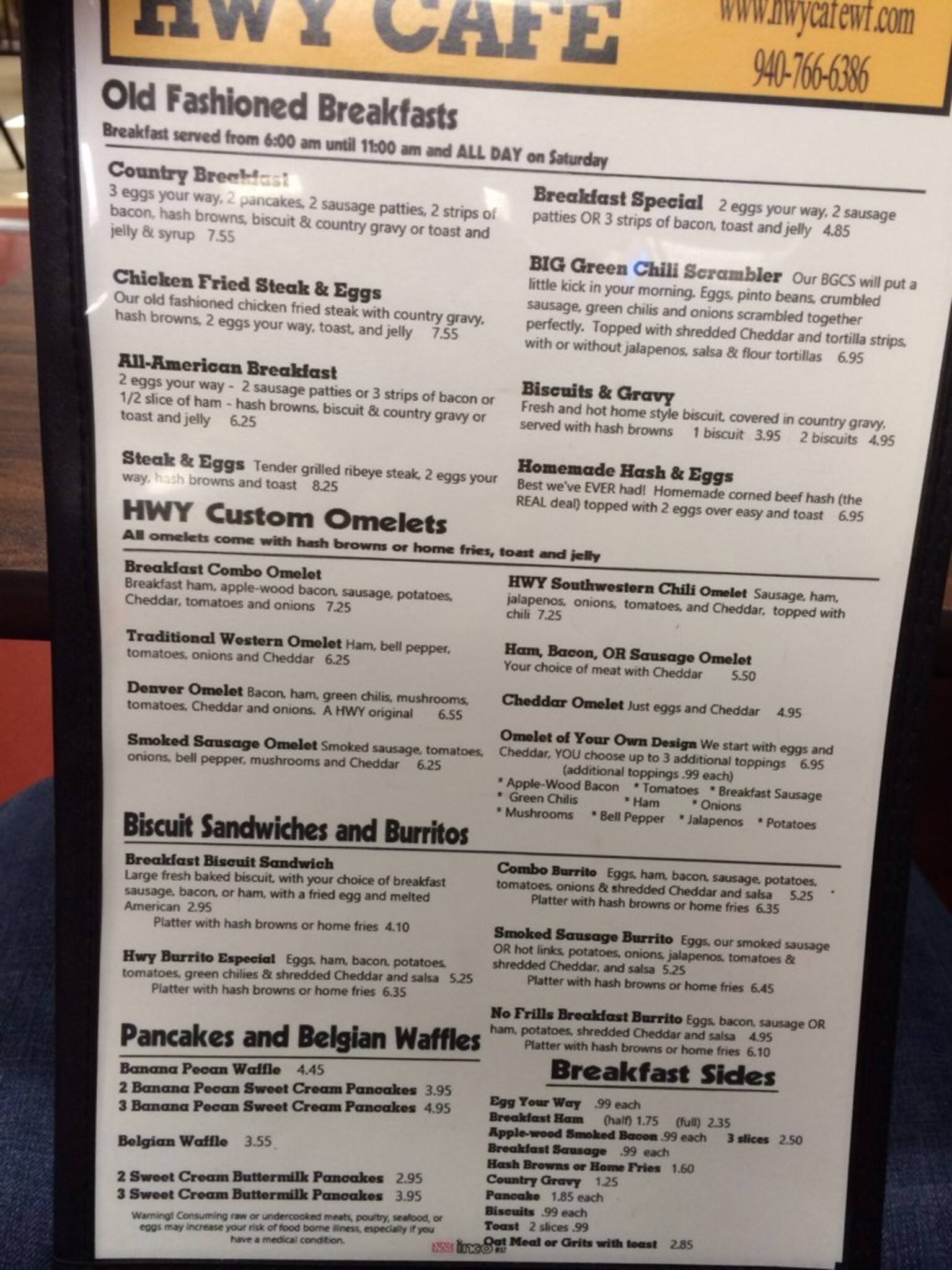 Menu at Hwy Cafe, Wichita Falls, Old Jacksboro Hwy