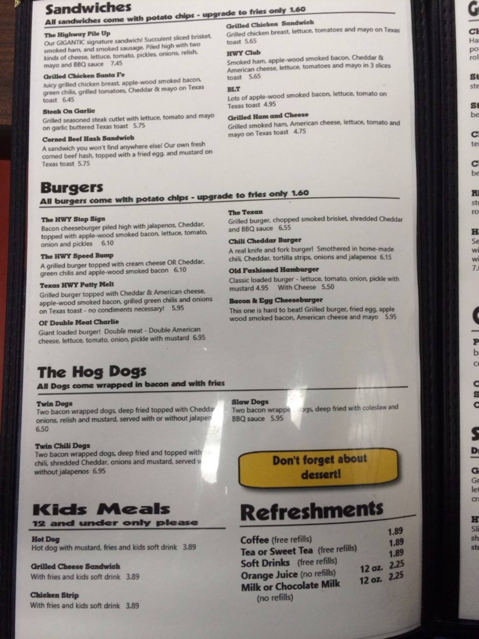 Menu at Hwy Cafe, Wichita Falls, Old Jacksboro Hwy
