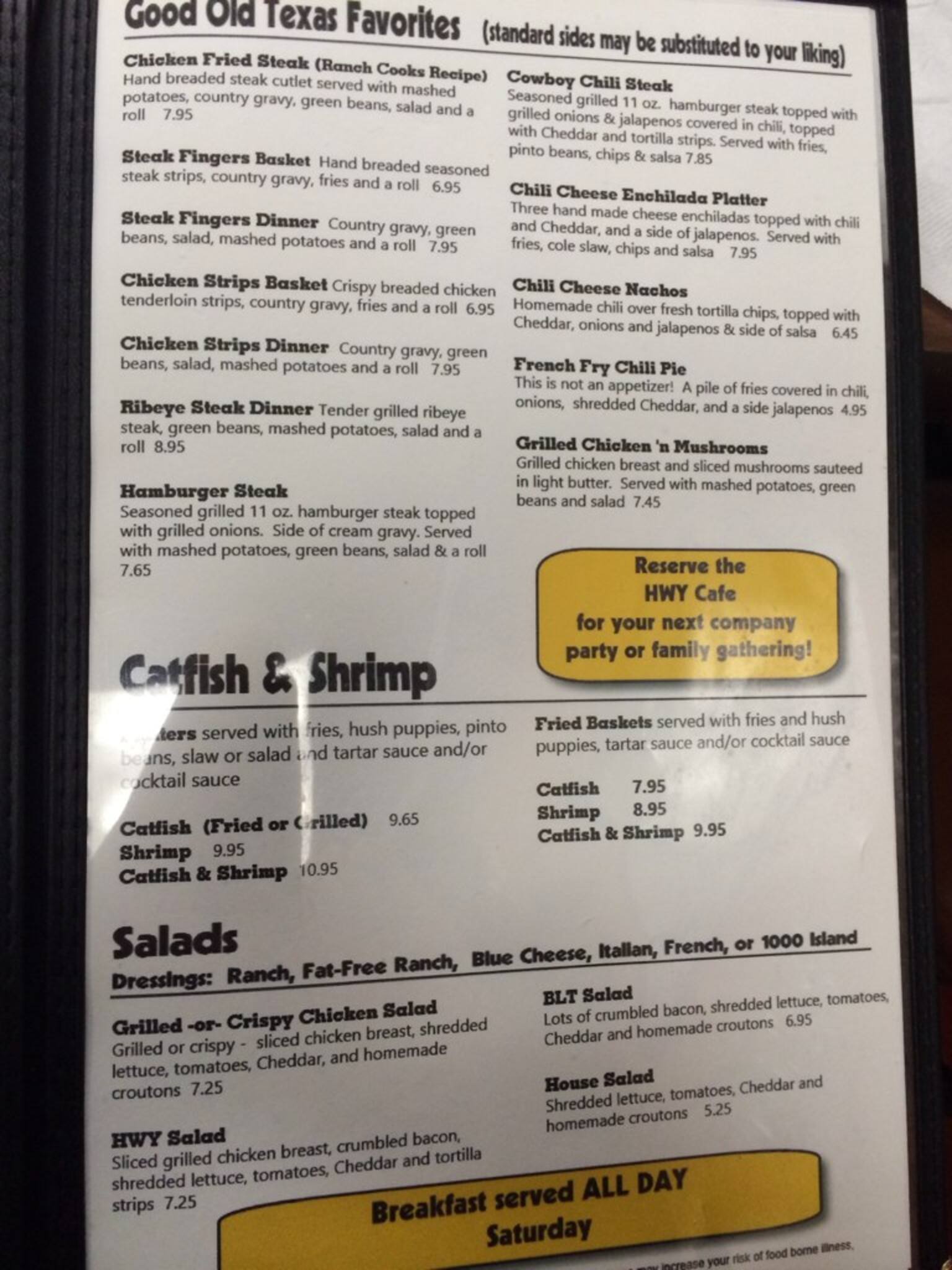 Menu at Hwy Cafe, Wichita Falls, Old Jacksboro Hwy