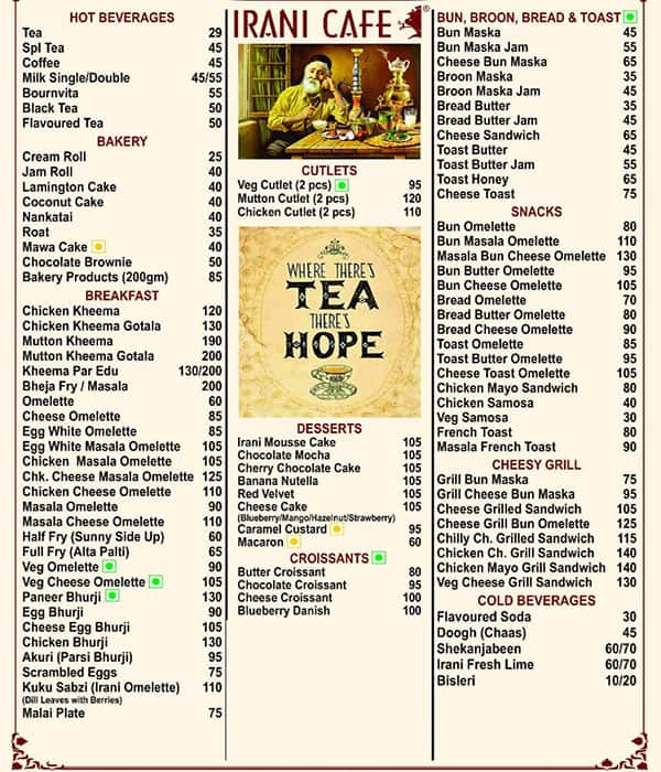 Menu at Irani Cafe, Pune