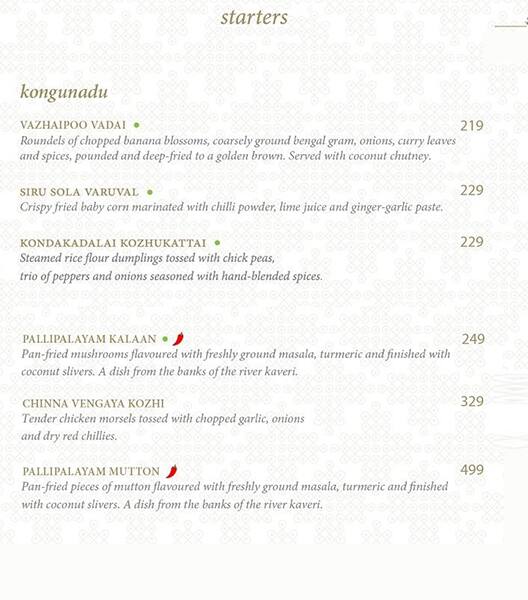 Menu at Savya Rasa, Chennai