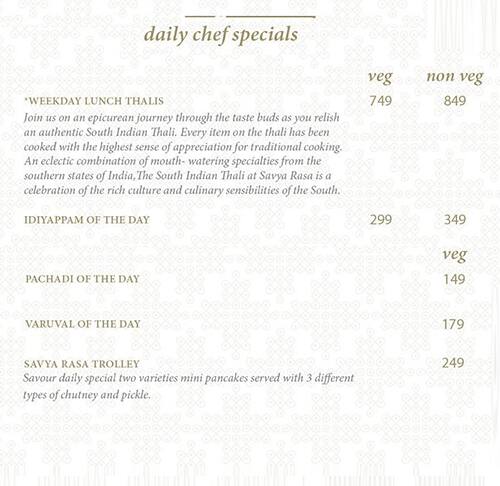 Menu at Savya Rasa, Chennai