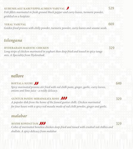 Menu at Savya Rasa, Chennai