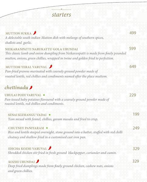 Menu at Savya Rasa, Chennai