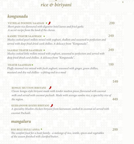 Menu at Savya Rasa, Chennai