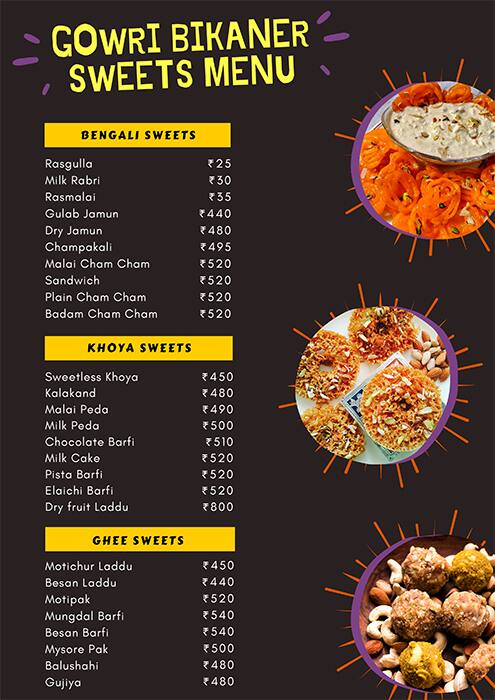 Menu of Gowri Bikaner Sweets, Jakkur, Bangalore