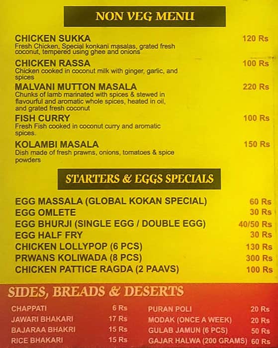 Menu of Global Konkan, Upvan, Thane West, Thane