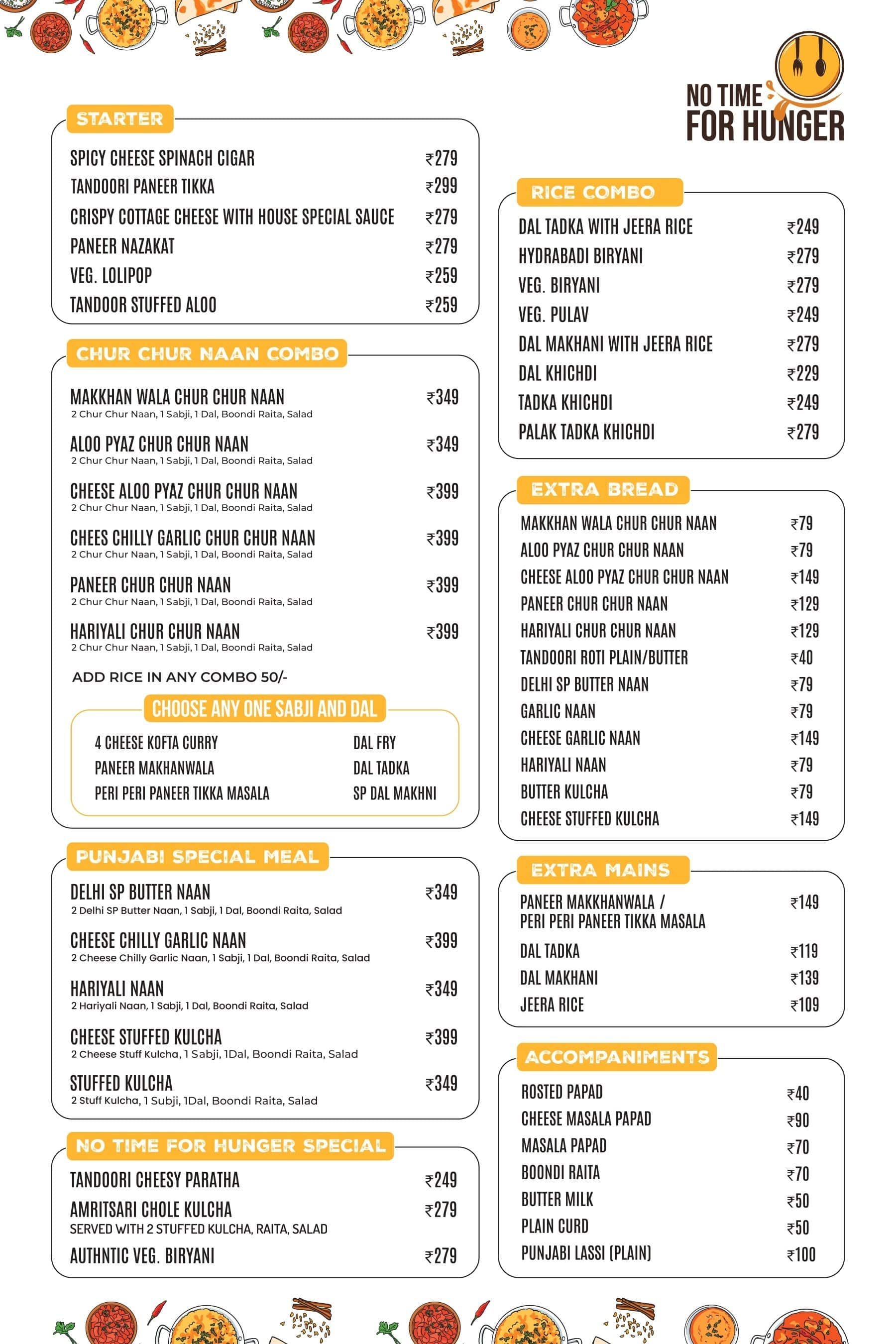 Menu of No Time For Hunger, Bodakdev, Ahmedabad
