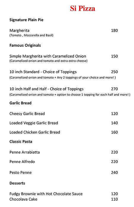 Menu of Si Pizza, Bommanahalli, Bangalore