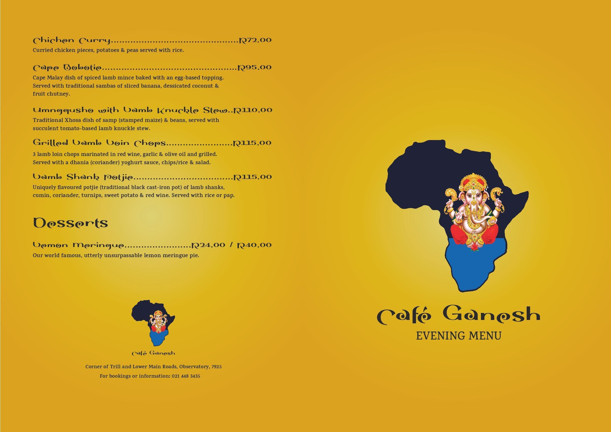 Menu at Cafe Ganesh, Cape Town