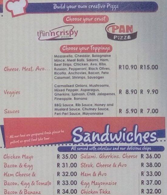 Menu at Pizza Latino's pizzeria, Johannesburg, 75 Van Riebeeck Ave