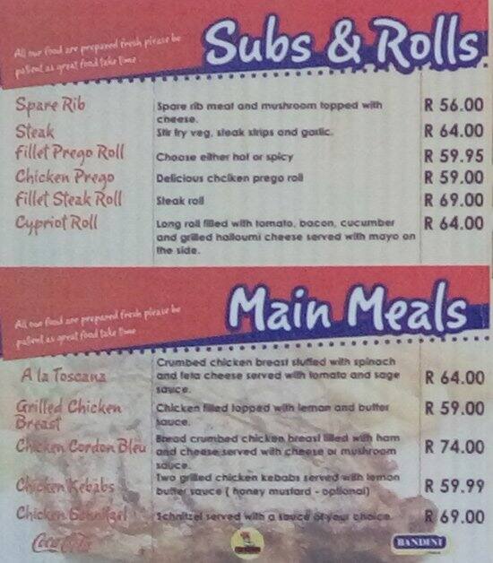 Menu at Pizza Latino's pizzeria, Johannesburg, 75 Van Riebeeck Ave