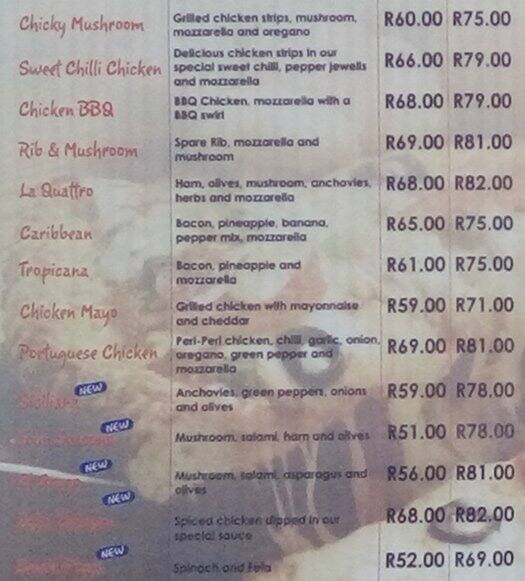 Menu at Pizza Latino's pizzeria, Johannesburg, 75 Van Riebeeck Ave