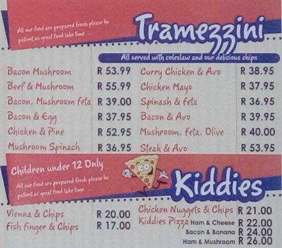 Menu at Pizza Latino's pizzeria, Johannesburg, 75 Van Riebeeck Ave