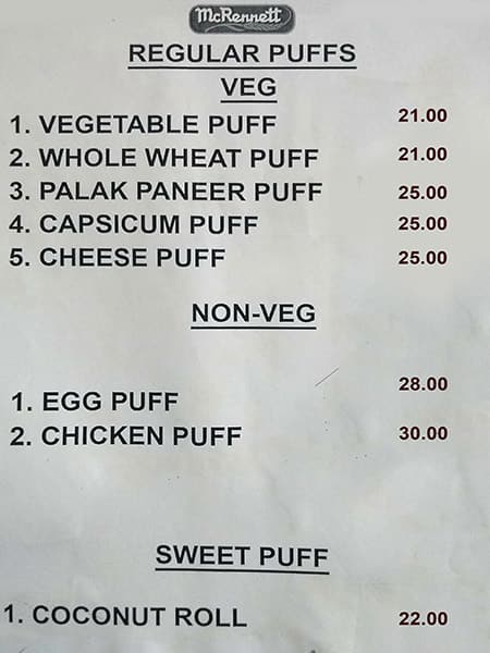 Menu at McRennett Cakes, Chennai, No.2