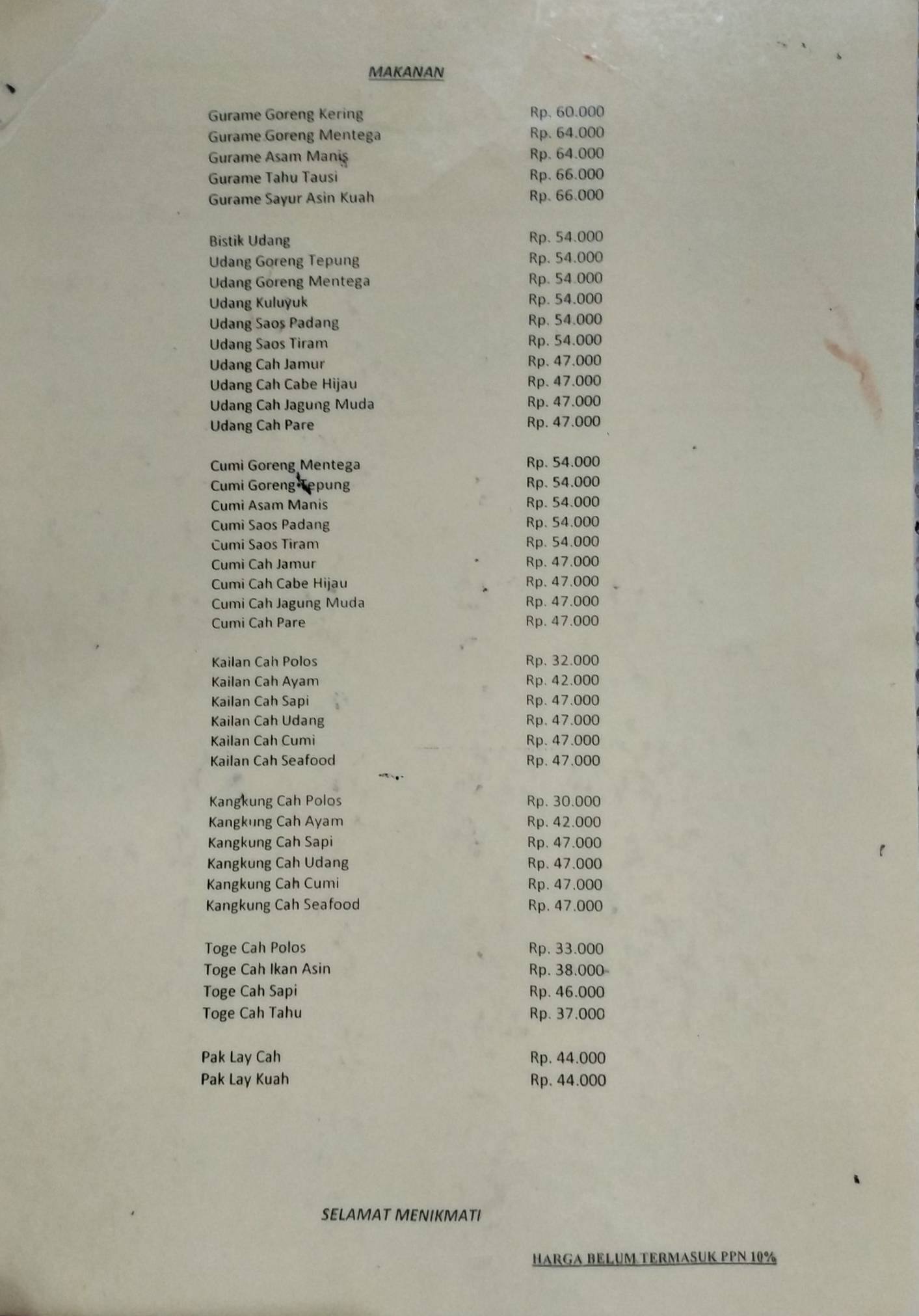 Menu at RM. Akoen restaurant, Jakarta, Jl. Suryo No.40