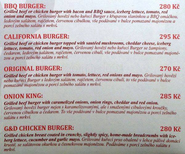 Menu at George & Dragon pub & bar, Prague