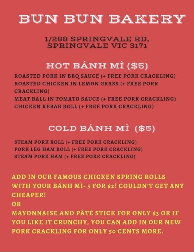 Menu at Bun Bun Bakery, Springvale