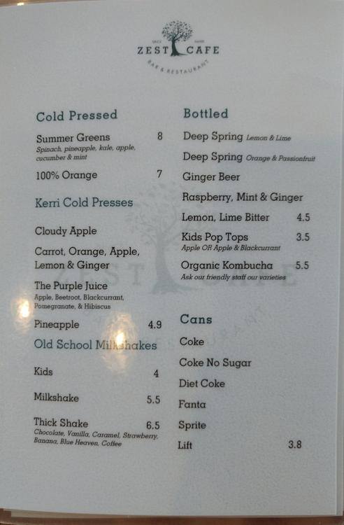 Menu at Zest restaurant, Emerald