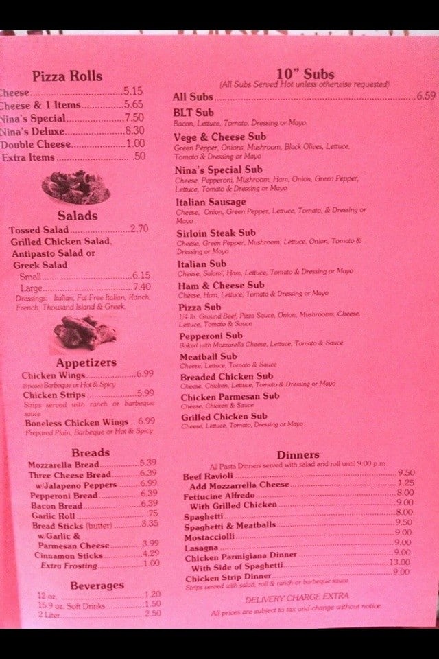 Menu at Nina's Italian Pizza pizzeria, Carleton